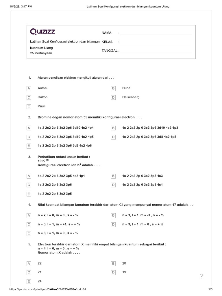 Latihan Soal Konfigurasi Elektron Dan Bilangan Kuantum Ulang | PDF ...