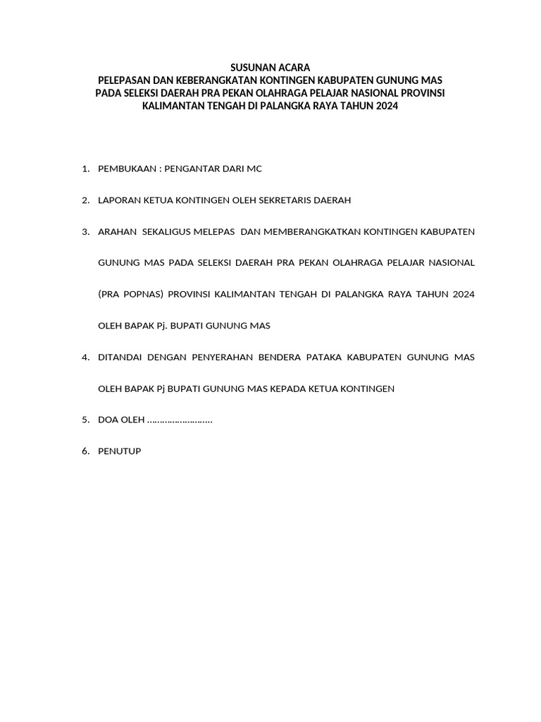 Pelepasan Kontingen Gunung Mas 2024 | PDF