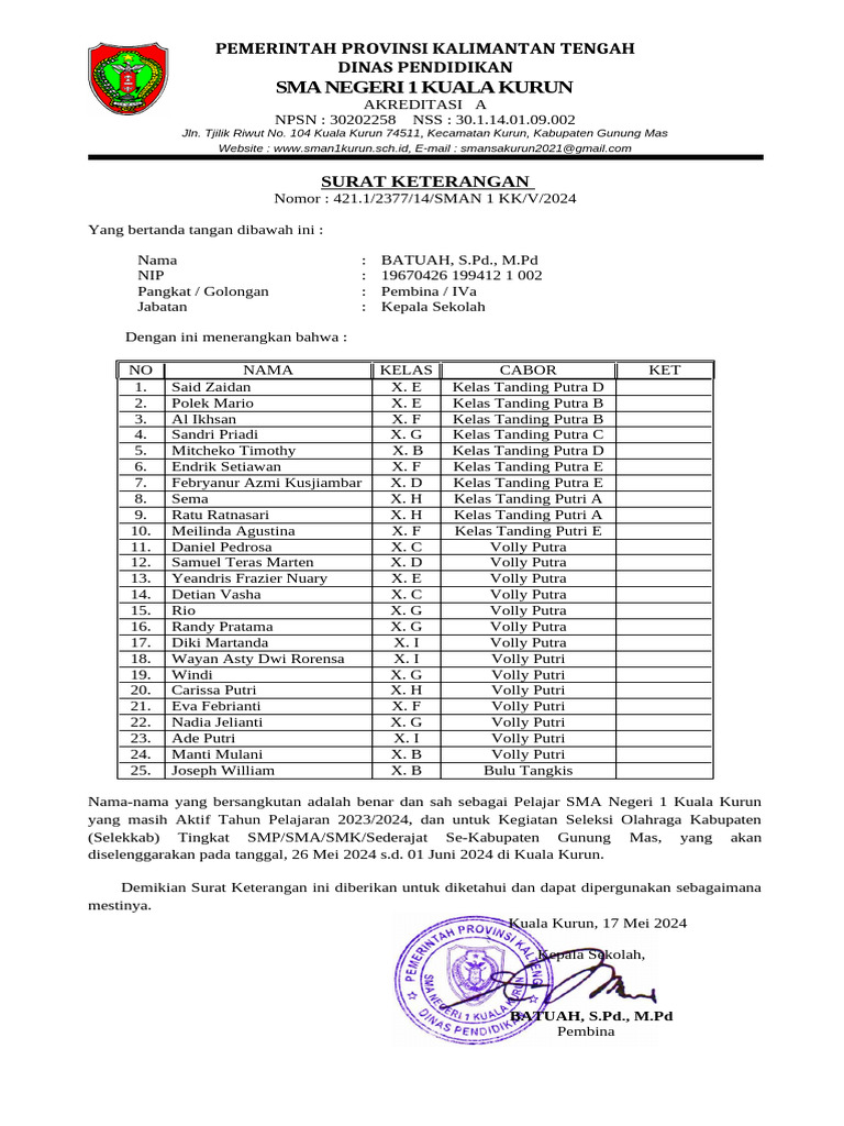 Surat Keterangan Dan Pernyataan Keikutsertaan Pendaftaran Kontingen | PDF