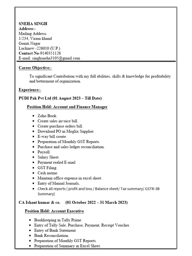Sneha's Resume | PDF | Bookkeeping