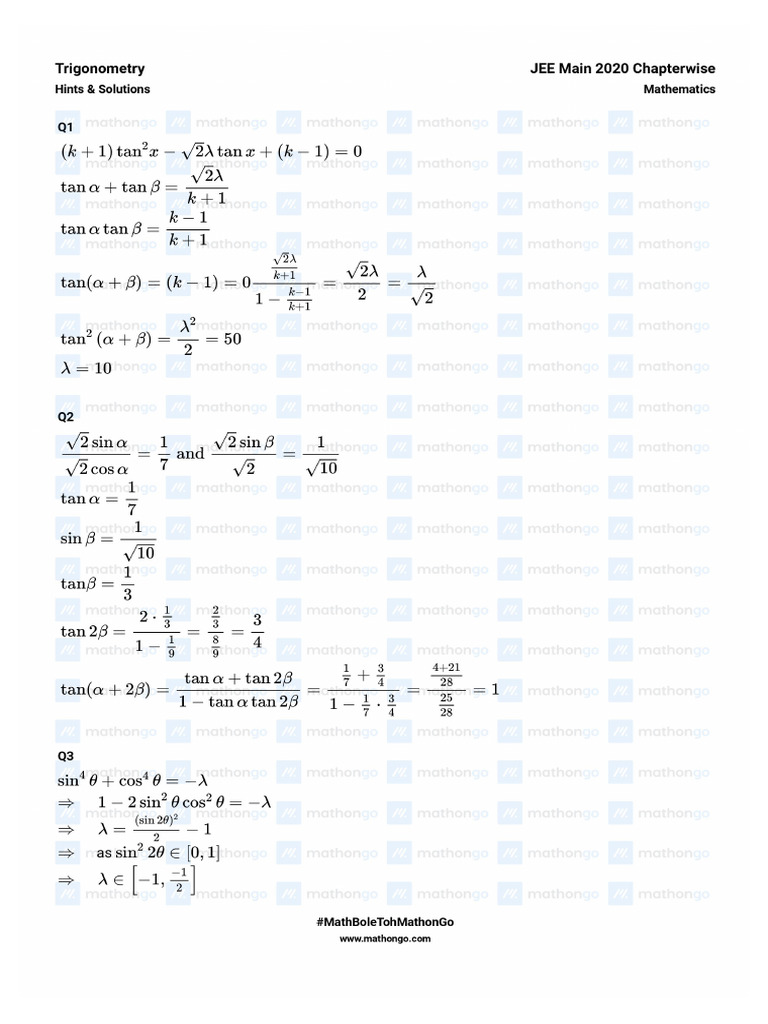 Trigonometry Solutions Jee Main 2020 Chapterwise Question Bank Mathongo | PDF