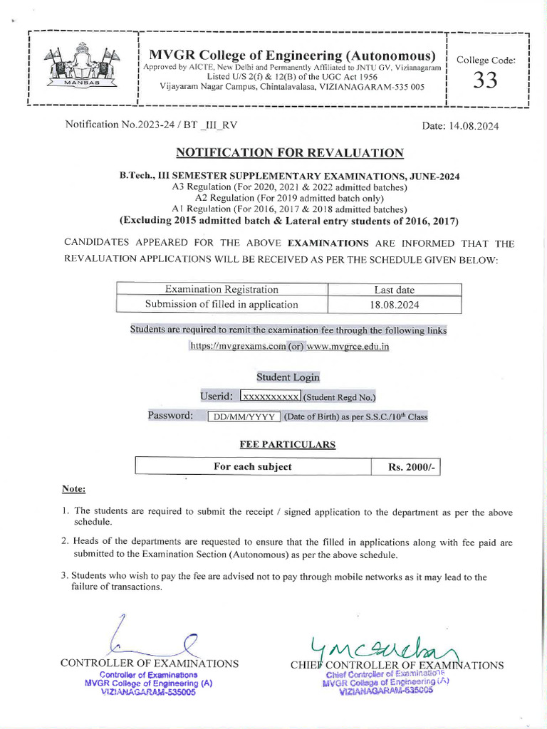 Notification For Revaluation - B.tech I, Iii Sem Supple Exams-June-July-2024 | PDF