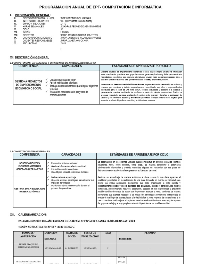 Programación Anual 2024 Computacion 2to Sec - Janet | PDF | Evaluación | Aprendizaje