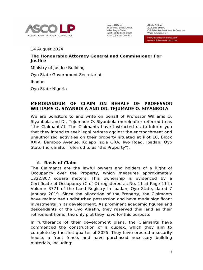 MEMORANDUM OF CLAIM Siyanbolas Revised | PDF | Damages | Property
