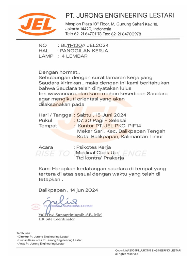 Panggilan Kerja PT - Jurong Engineering Lestari (Balikpapan) | PDF