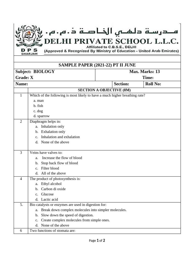 PT2 Sample Paper Biology G10 | PDF | Respiratory System | Blood