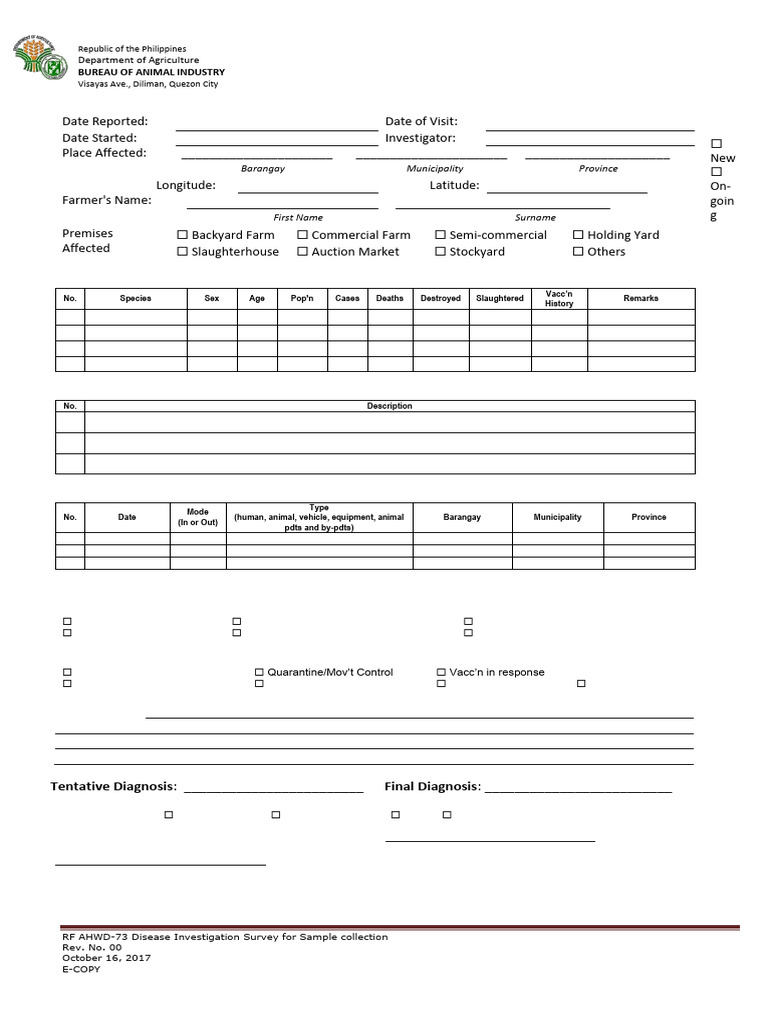 RF AHWD-73 Disease Investigation For Sample Collection | PDF ...