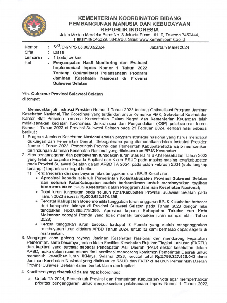 Surat KPK Monev Inpres 1 Tahun 22 Prov Sulawesi Selatan | PDF