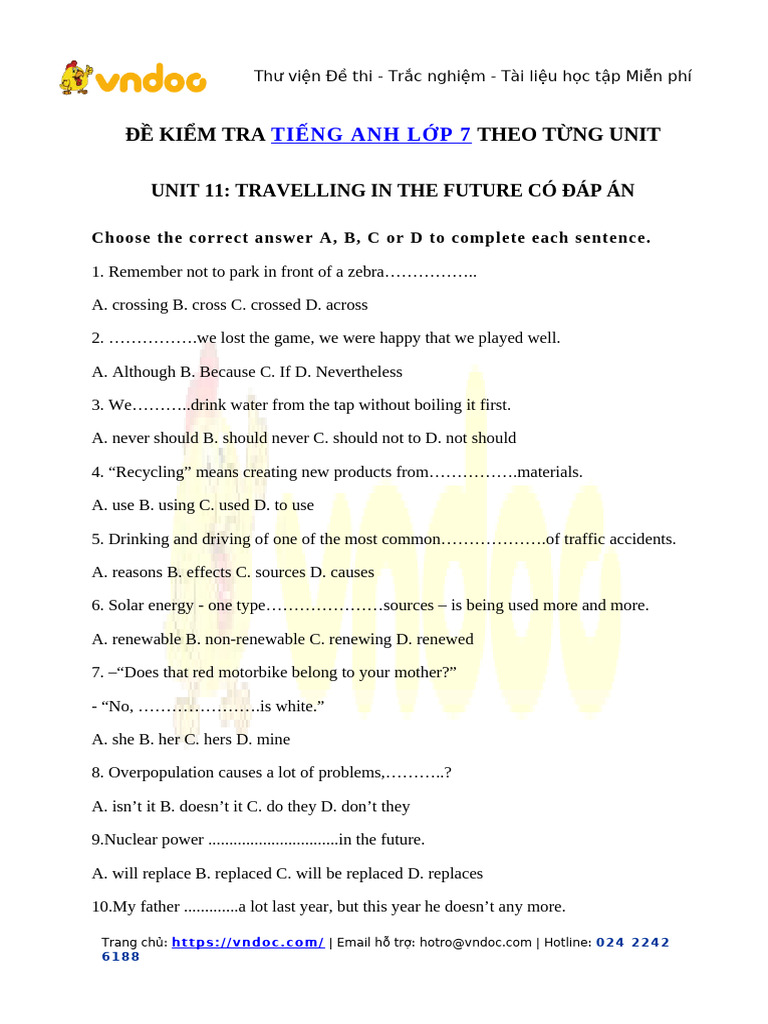 De Kiem Tra Tieng Anh Lop 7 Unit 11 Travelling in The Future | PDF ... De Kiem Tra Tieng Anh Lop 7 Unit 11 Travelling in The Future | PDF ...