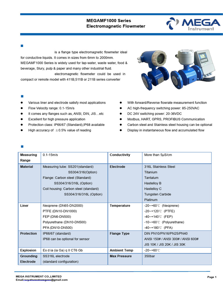 Datasheet - Magnetic Flow Meter - MEGAMF1000 Series | PDF | Flow ...