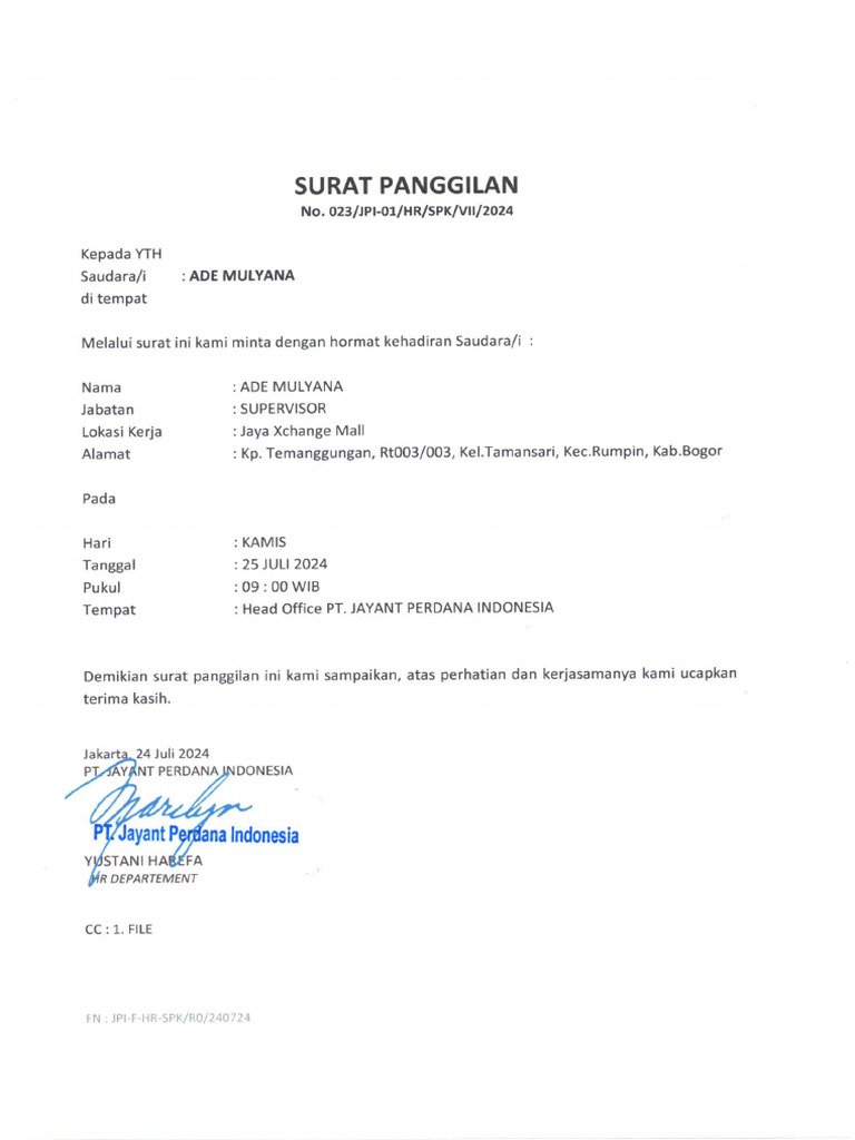 Surat Pemanggilan Karyawan | PDF