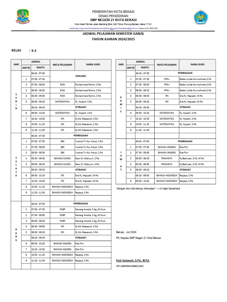 TAHUN AJARAN 2024/2025: Kelas Jadwal Pelajaran Semester Ganjil | PDF