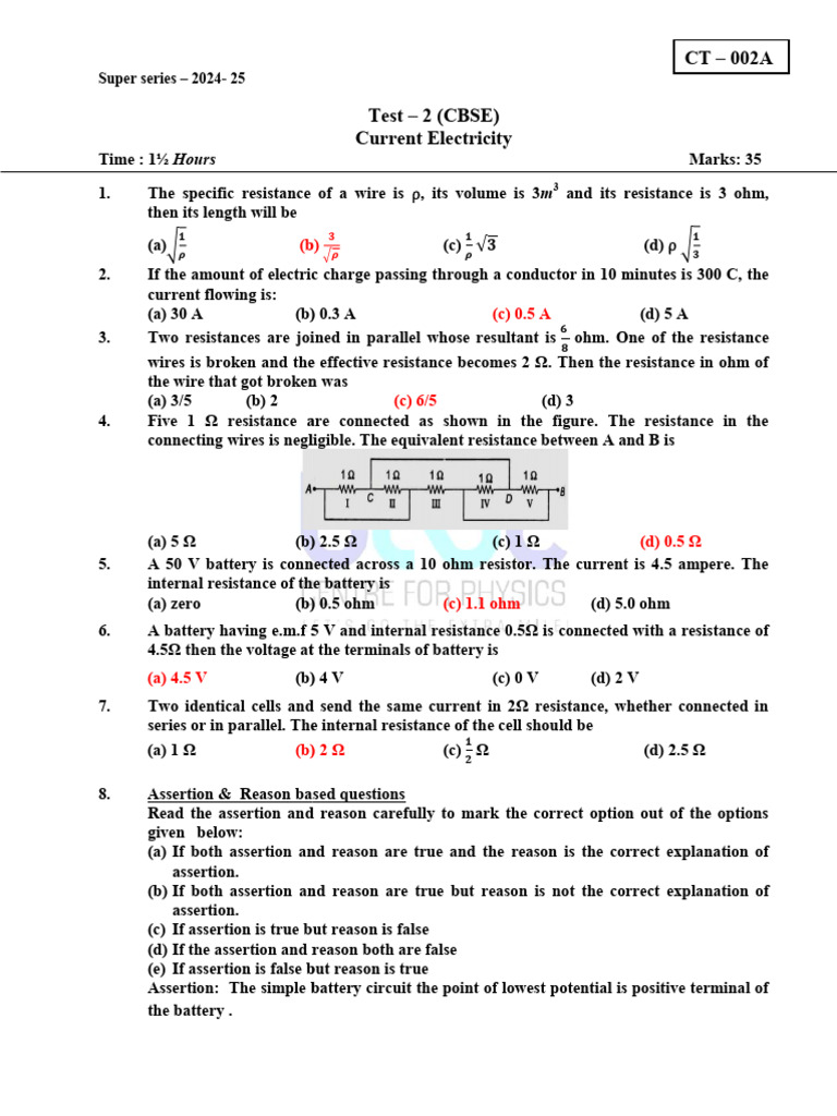 Current Electricity - Tes T - 2 Solution | PDF | Electrical Resistance ...