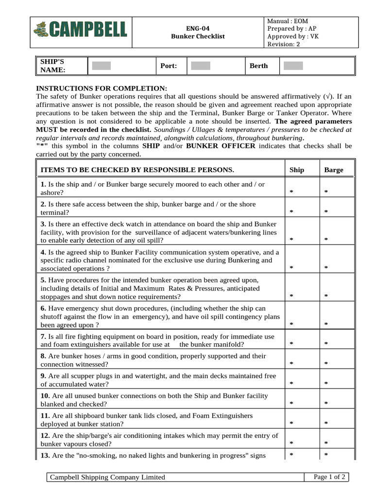 ENG - 04 Bunker Checklist | PDF | Ships | Oil Tanker