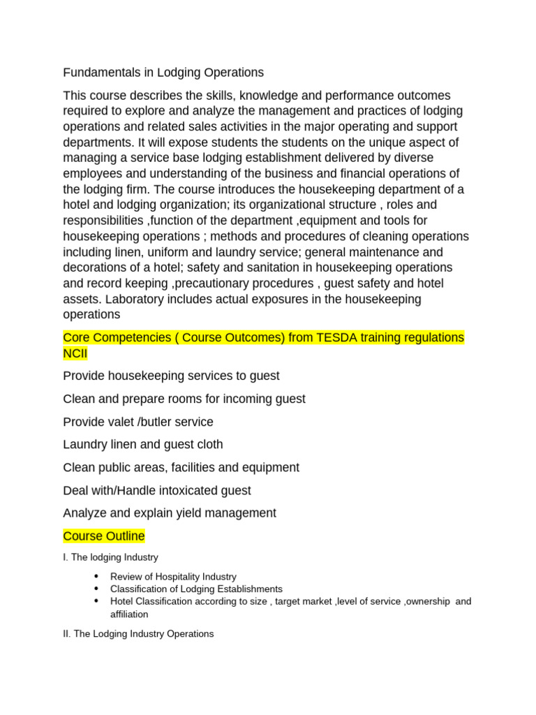 Fundamentals in Lodging Operations | PDF | Housekeeping | Hotel