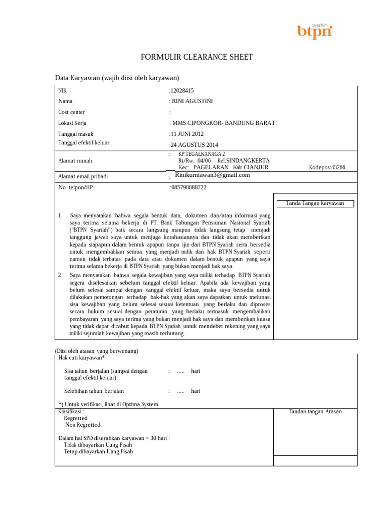 Lampiran 2 Formulir Clearence Sheet | PDF