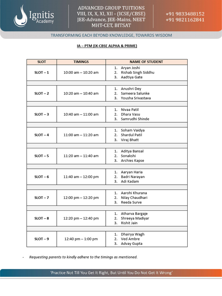 IX-CBSE Alpha & Prime PTM Schedule | PDF | Travel | Art