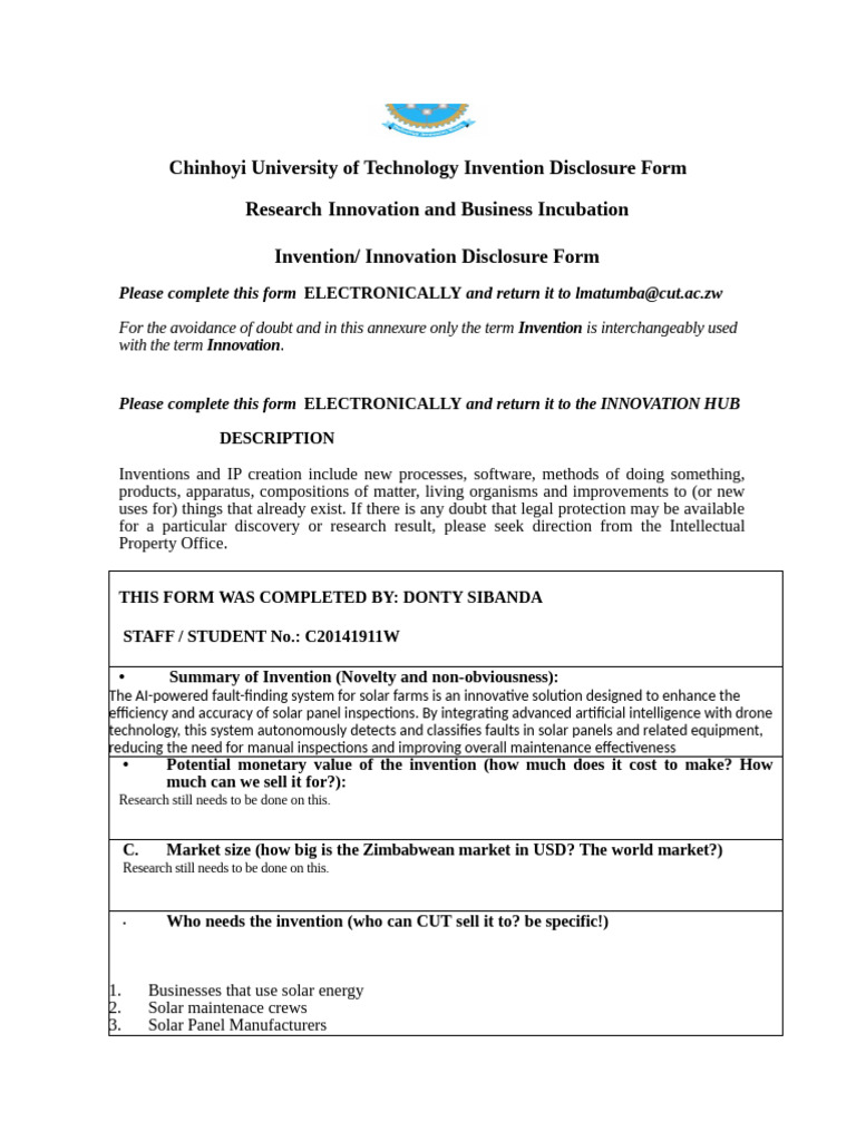 (NSMN) Chinhoyi University of Technology Invention Disclosure Form (1) (1) - Solar | PDF ...