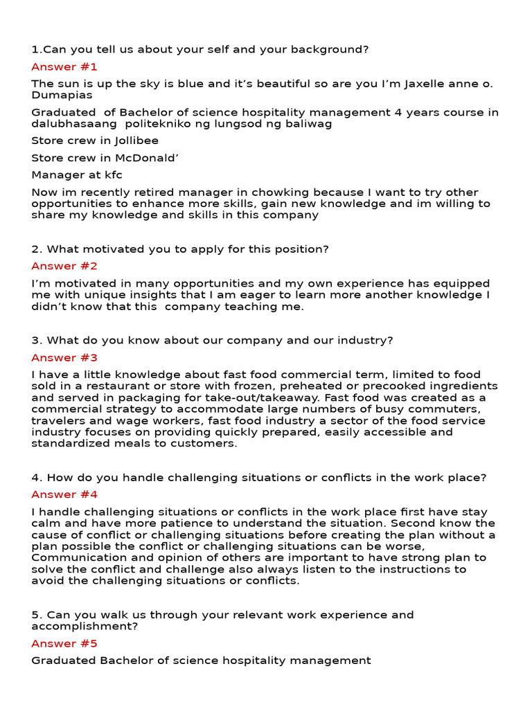Interview Task Questions Answer | PDF | Fast Food | Knowledge