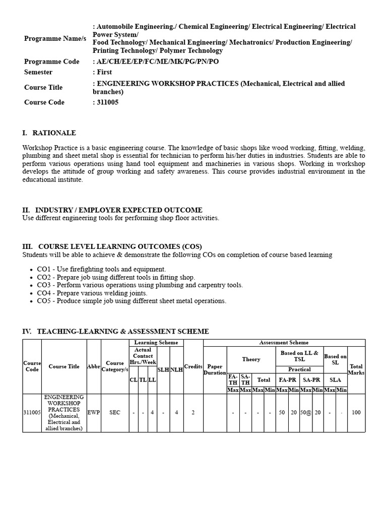 Engineering Workshop Practices Course | PDF | Welding | Construction