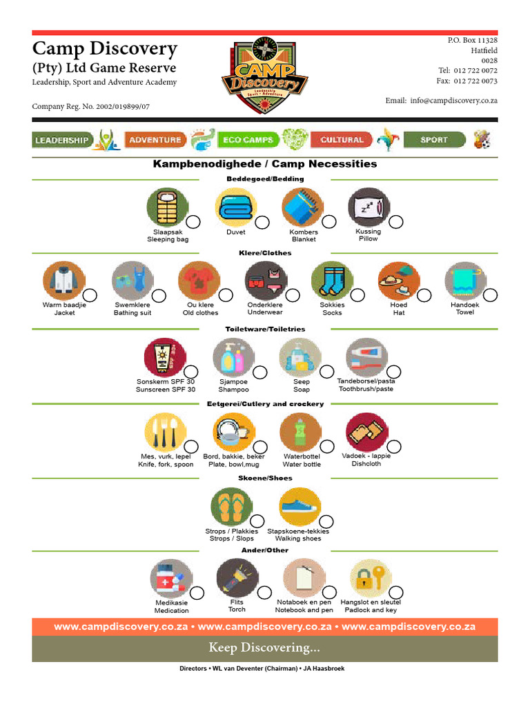 Camp Discovery Necessities Guide | PDF | Domestic Implements
