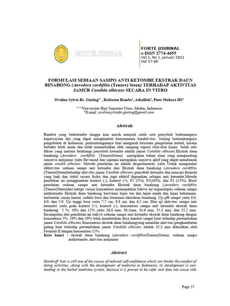 FORMULASI SEDIAAN SAMPO ANTI KETOMBE EKSTRAK DAUN BINAHONG (Anredera Cordifilia (Tenore) Steen ...