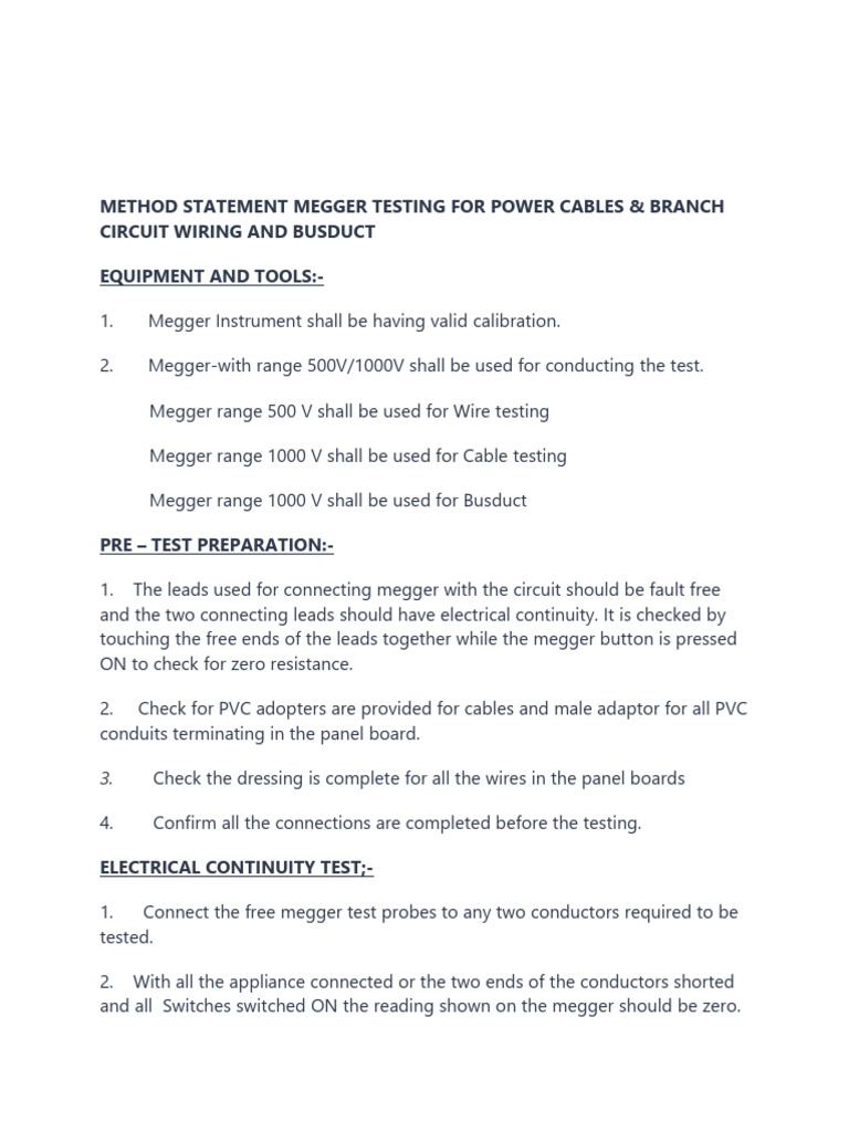 Method Statement Megger Testing For Power Cables | PDF | Electrical ...