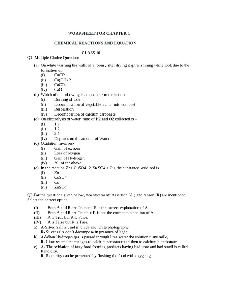 Worksheet For Chapter1 - S5 1 | PDF | Chemical Reactions | Redox