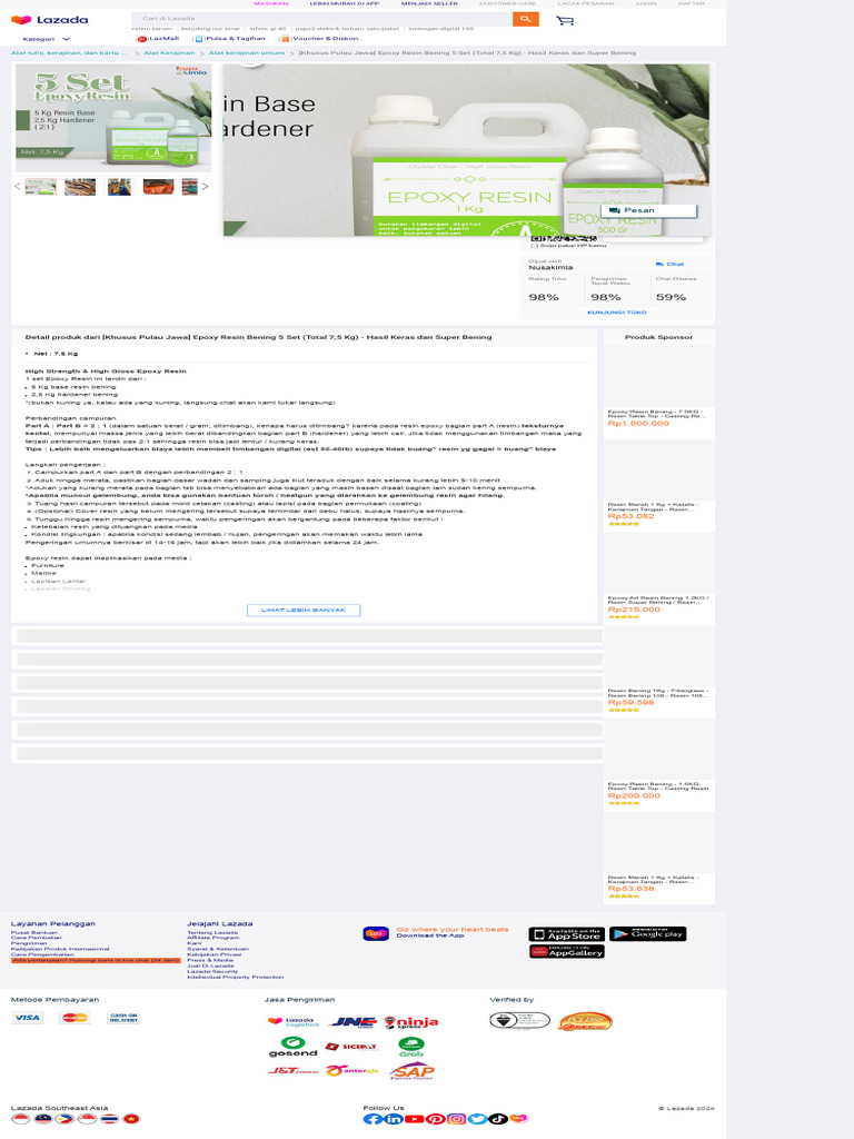 (Khusus Pulau Jawa) Epoxy Resin Bening 5 Set (Total 7,5 KG) - Hasil Keras Dan Super Bening ...