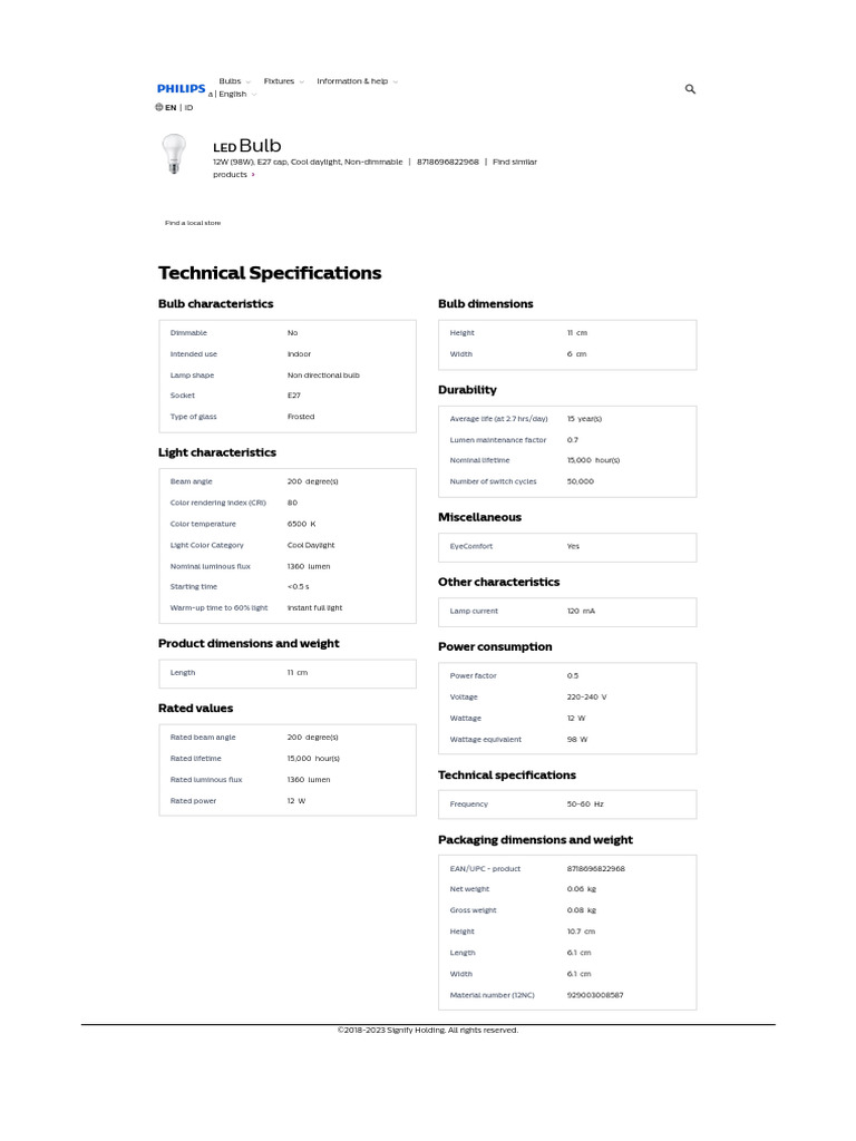 Specifications of The LED Bulb 8718696822968 - Philips | PDF ...