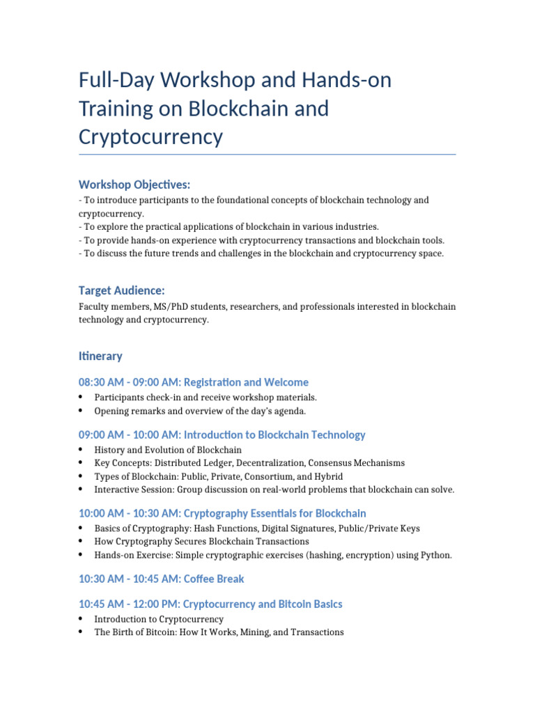 Blockchain and Cryptocurrency Workshop Itinerary | PDF | Cryptocurrency ...