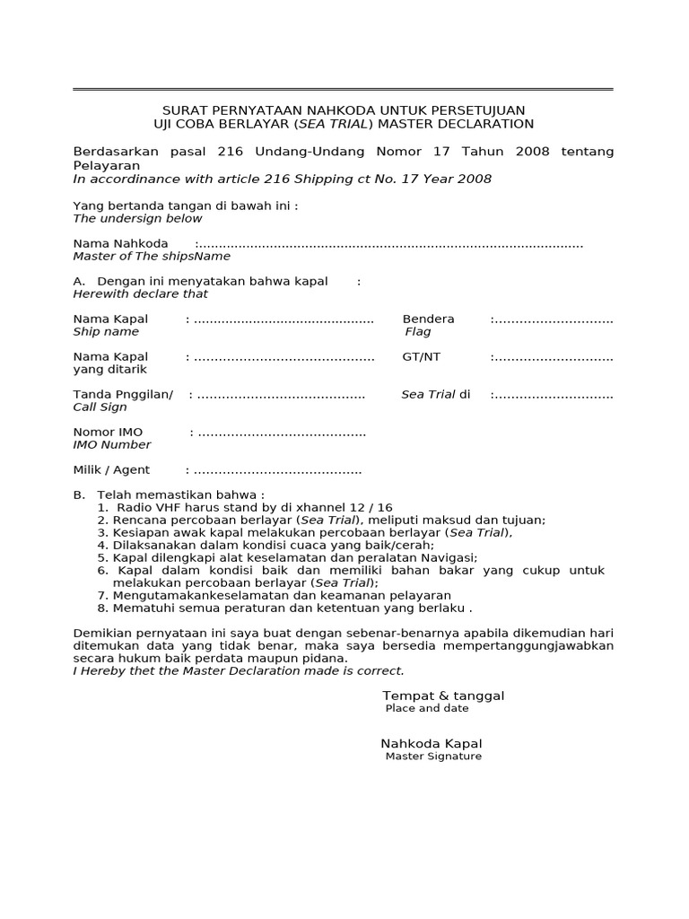Surat Pernyataan Nahkoda (Master Declaration) Sea Trial | PDF