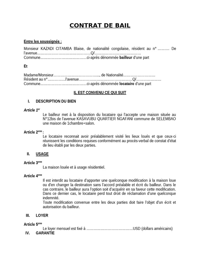 Contrat de Bail Résidentiel Kinshasa | PDF | Arbitrage | Droit privé