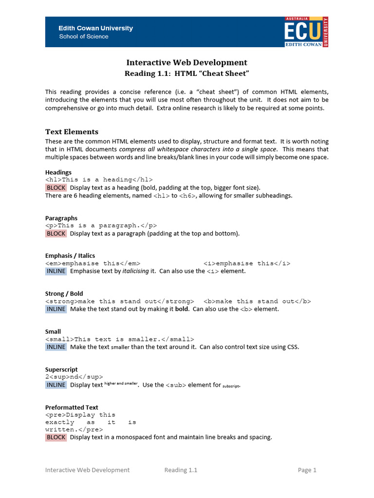 HTML Cheat Sheet | PDF | Html Element | Hyperlink HTML Cheat Sheet | PDF | Html Element | Hyperlink