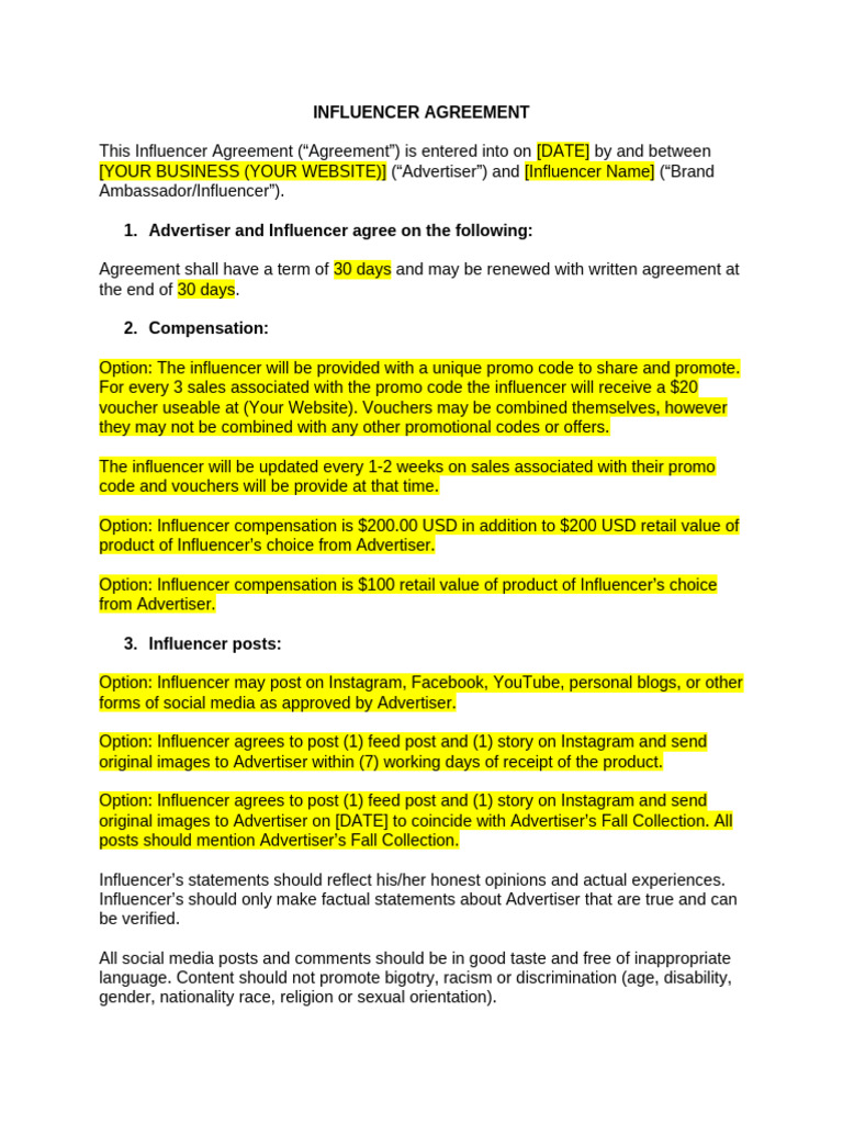 Influencer Agreement Template | PDF | Advertising | Social Media