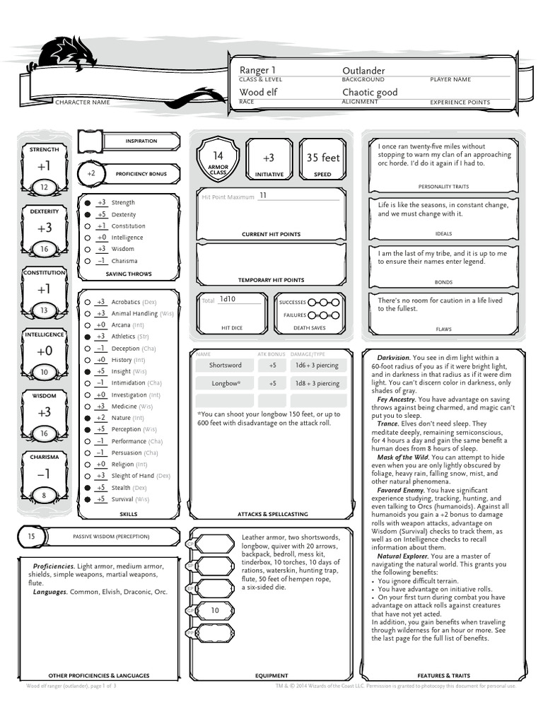 1099921-DMsGuild_WoodElf_Ranger_V7.2_A4-1 | PDF | Elf (Dungeons & Dragons)