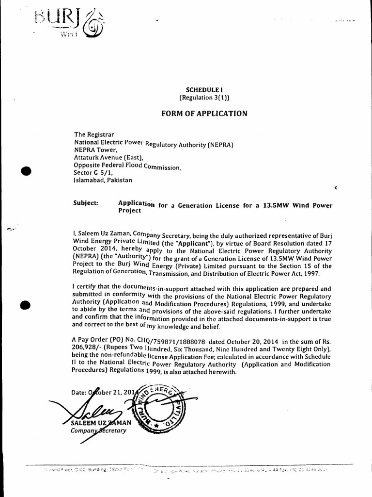 Burj Wind Energy PVT Limited Gneration License Application-Masud Zafar ...