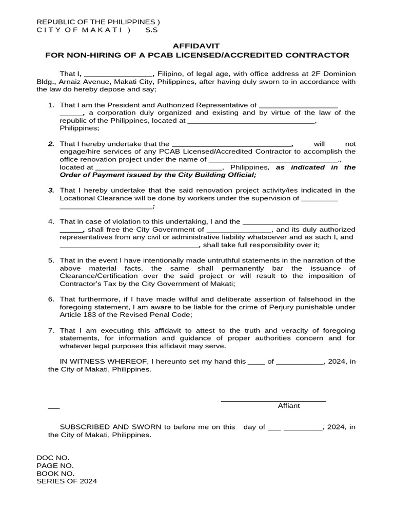 For Nonhiring of A Pcab Licensed Accredited Contractor | PDF | Affidavit | Justice