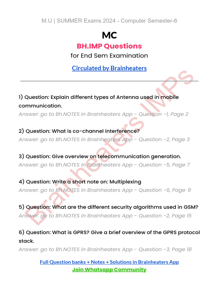 MC Comps Sem6 Final Exam IMPs | PDF | Telecommunications Engineering | Computer Science