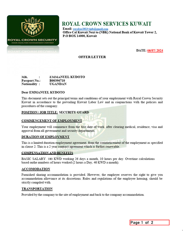 Kuwait Employment Offer for Security Guard | PDF | Employment | Labour Law