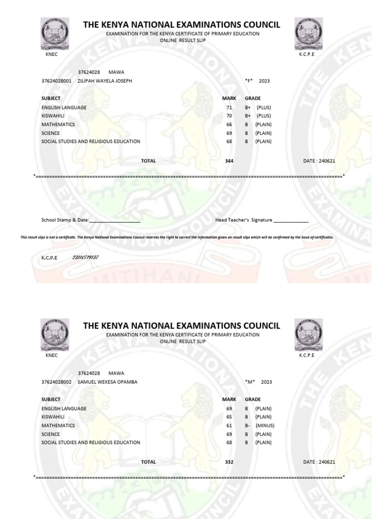 KCPE 2023 Online Result Slips | PDF | Student Assessment And Evaluation ...