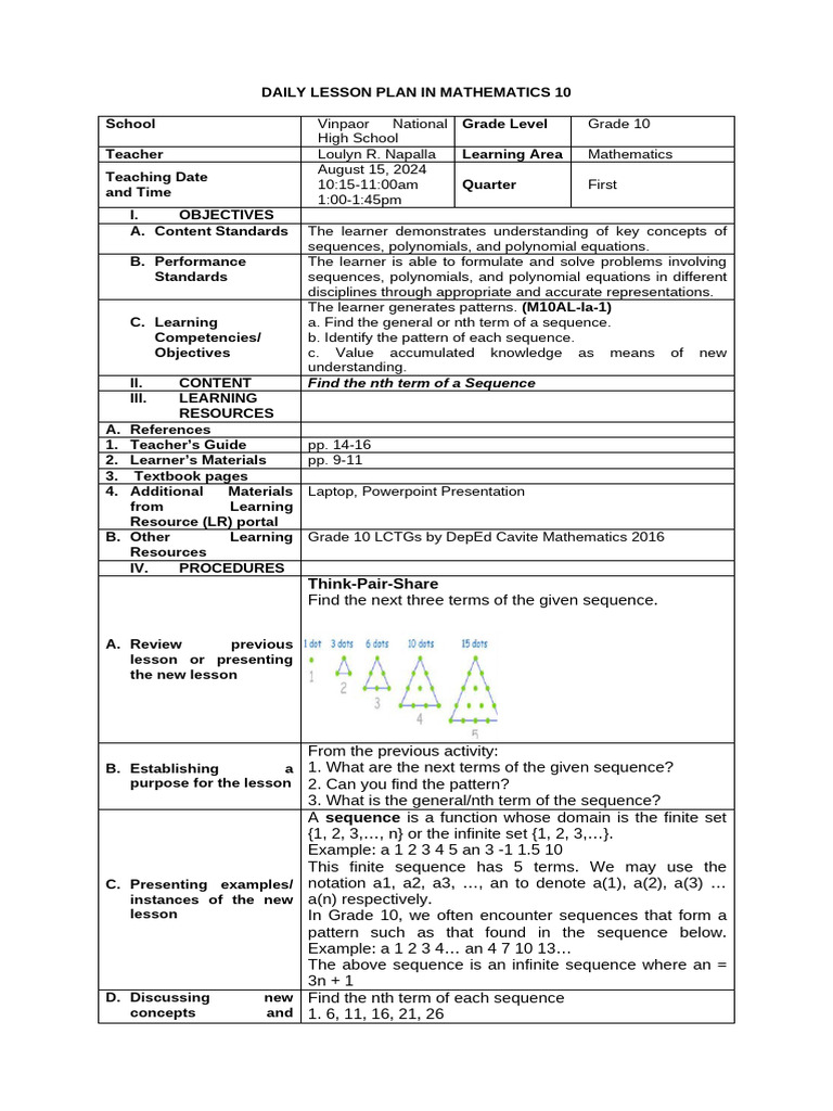 Math 10 DLP3 Q1 | PDF | Sequence | Learning