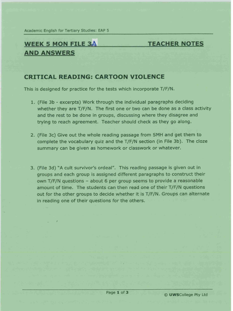 Answers Critical Reading Cartoon Violence | PDF
