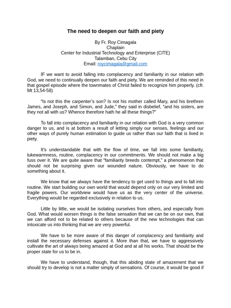 The Need To Deepen Our Faith and Piety | PDF | Faith | Religious Belief ...