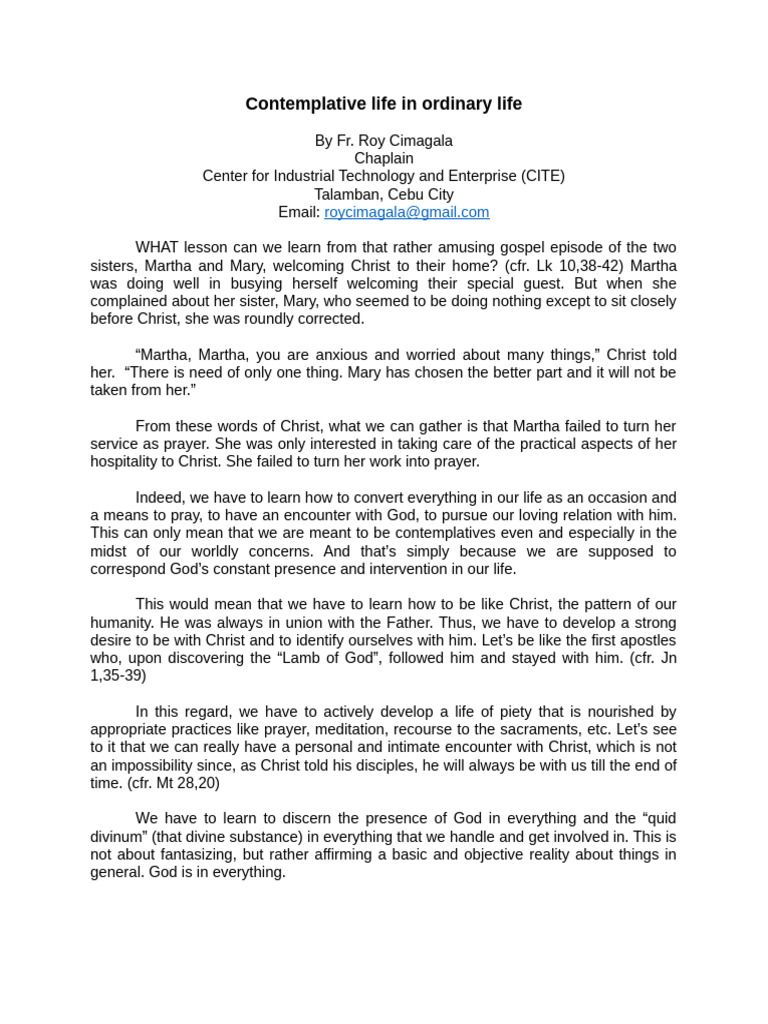 Contemplative Life in Ordinary Life Ca III1 | PDF | Jesus | Prayer