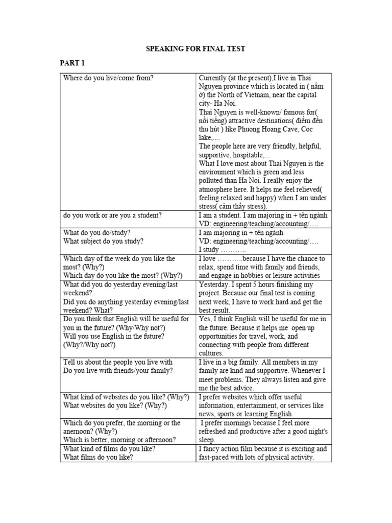 Final Test Speaking Practice Guide | PDF | Language Arts & Discipline