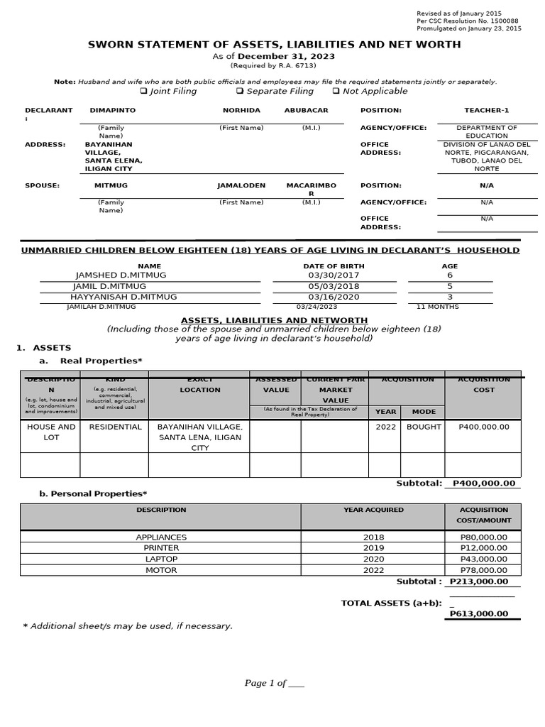 Sworn Statement of Assets 2023 | PDF | Net Worth | Financial Services
