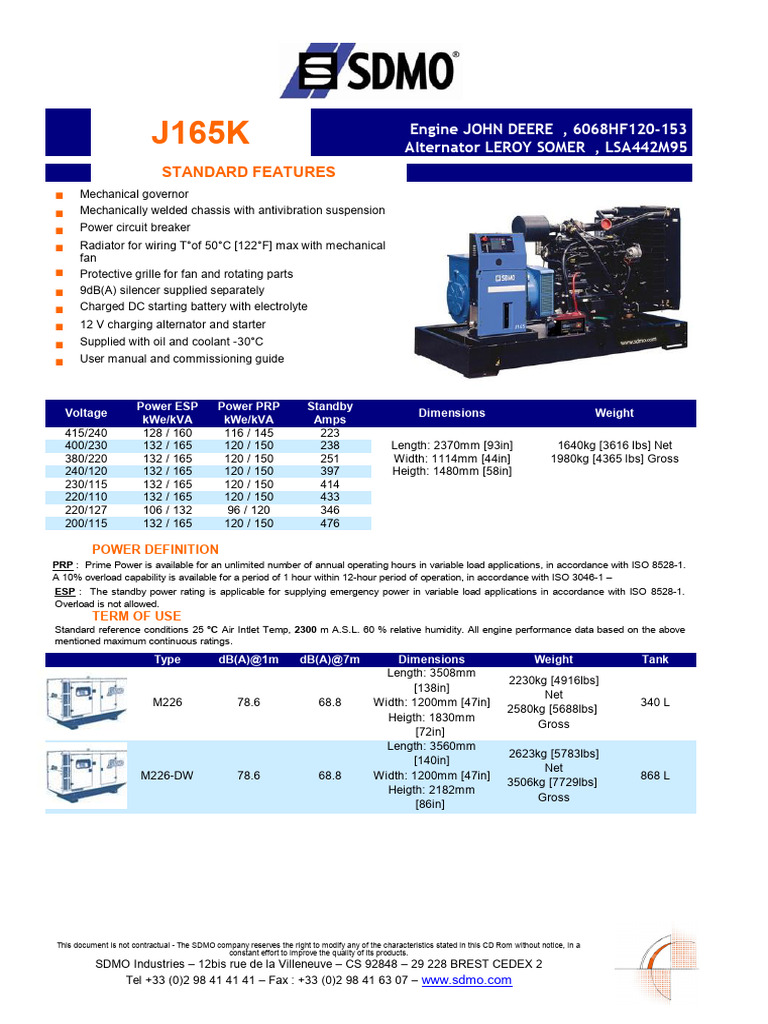 165kva Diesel Generator Datasheet J165K (English) | PDF | Engine Technology | Propulsion