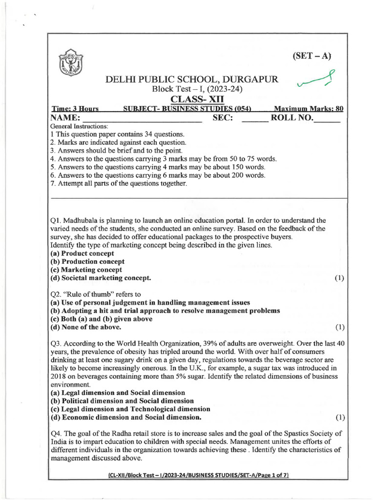 Class 12 - BT 1 Business Studies 2023-24 | PDF