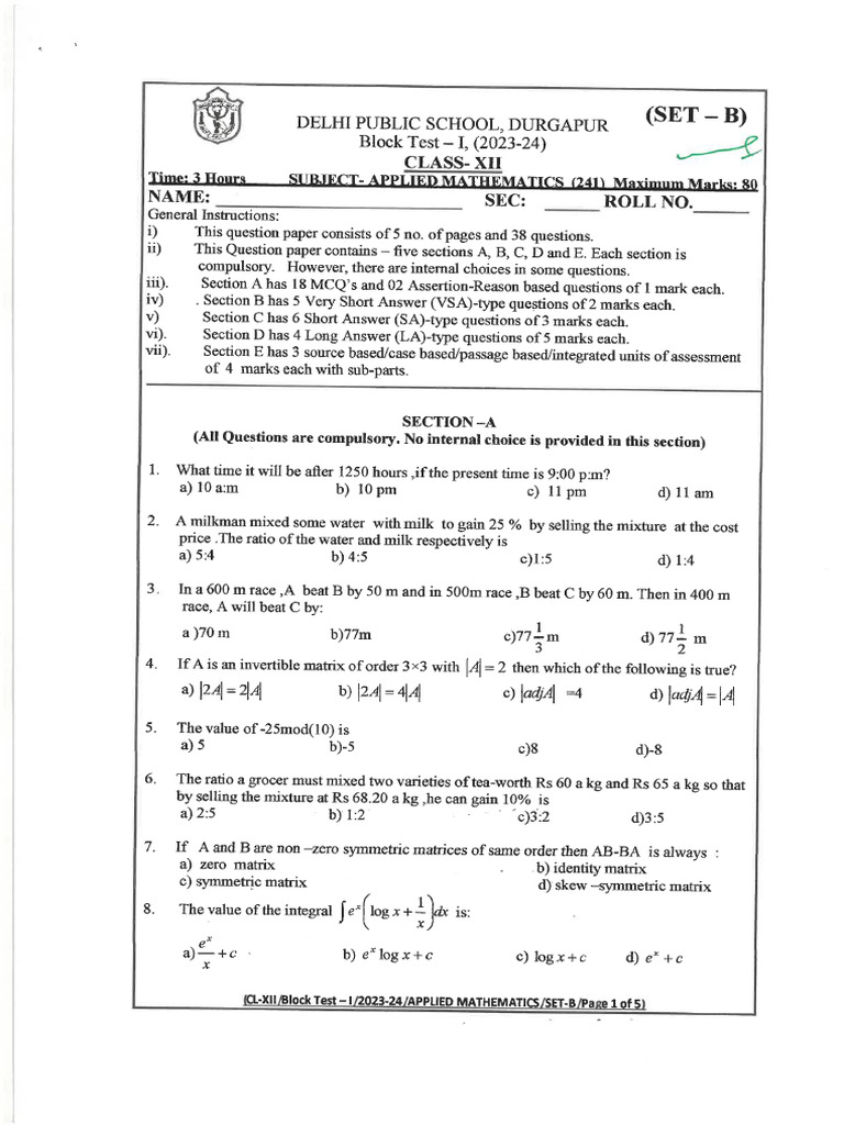 Class 12 - BT 1 Applied Maths 2023-24 | PDF